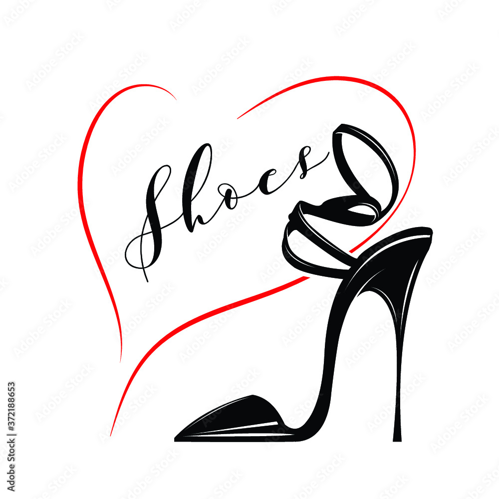 High heel sandal with decorative elements and red heart outline ...