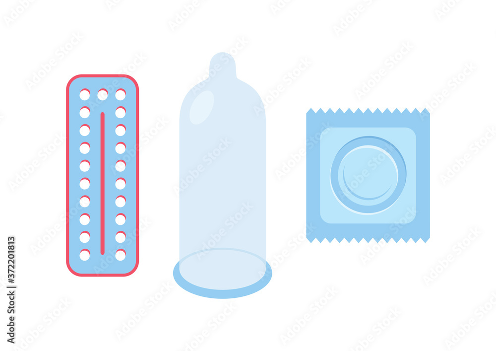 Contraception, condom and contraceptive pills icon set vector. Male and ...