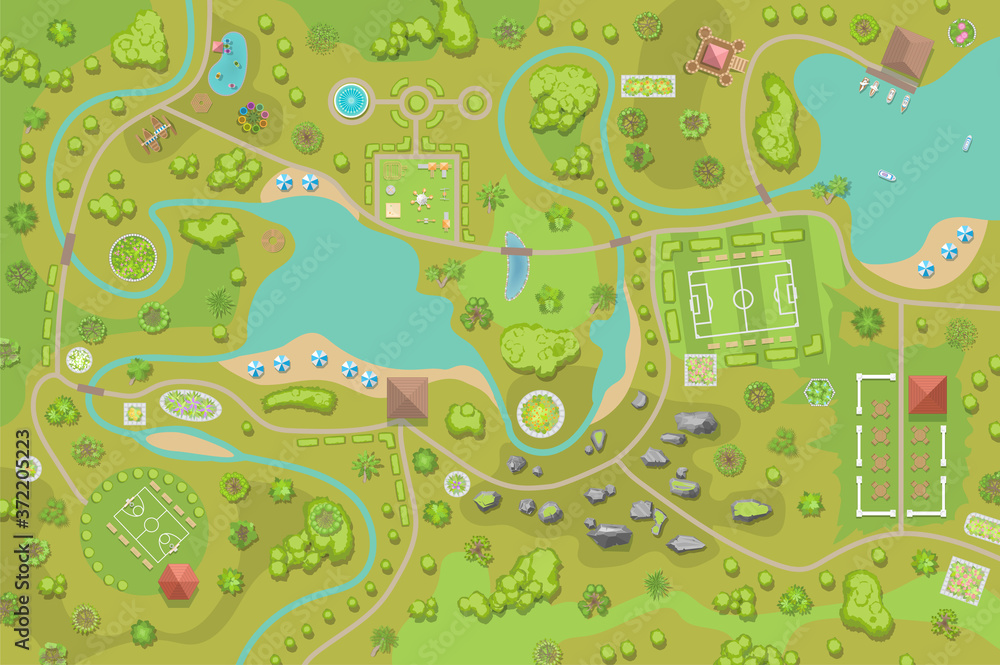 A vector illustration of amusement park map. (Top view) Attractions ...