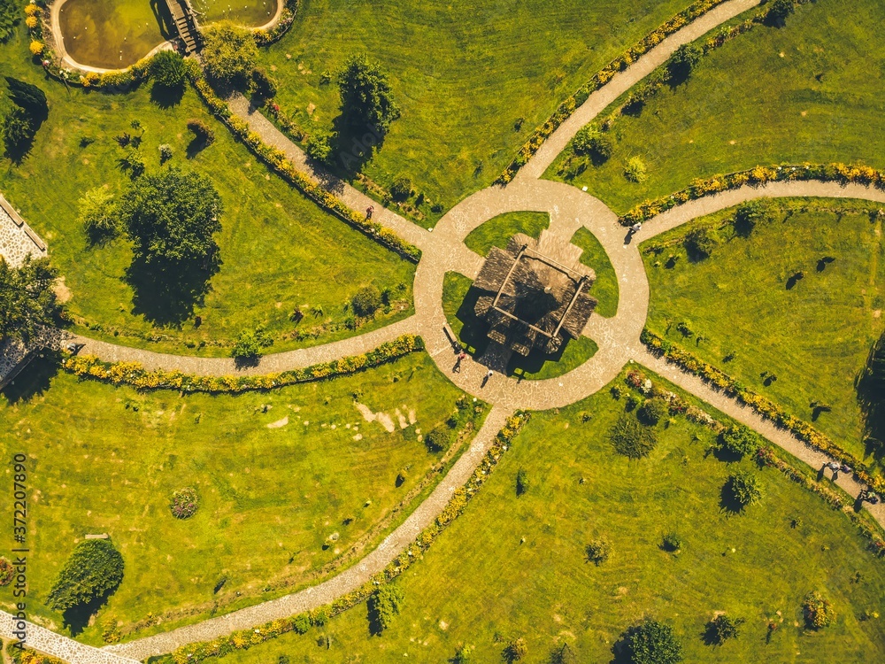 Foto de Dirt crossroads in nature in aerial top down view. Country ...