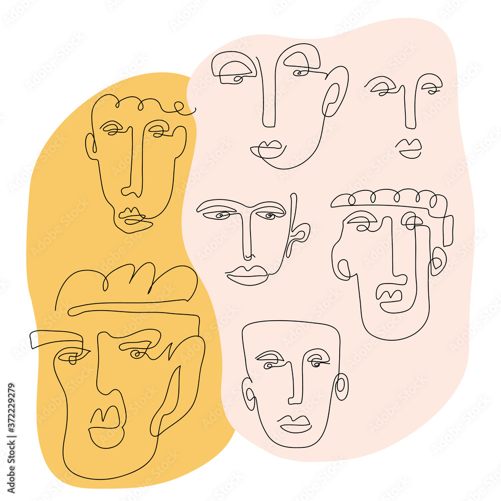 Set of five abstract face one line drawing. Portrait minimalistic style ...