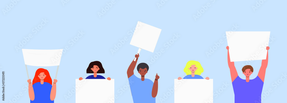 People with banners, man and woman holding blank posters. Vector set of ...