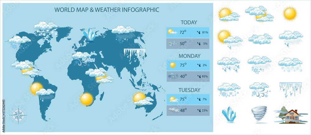 Vecteur Stock Vector world map and weather infographic. Icons and ...