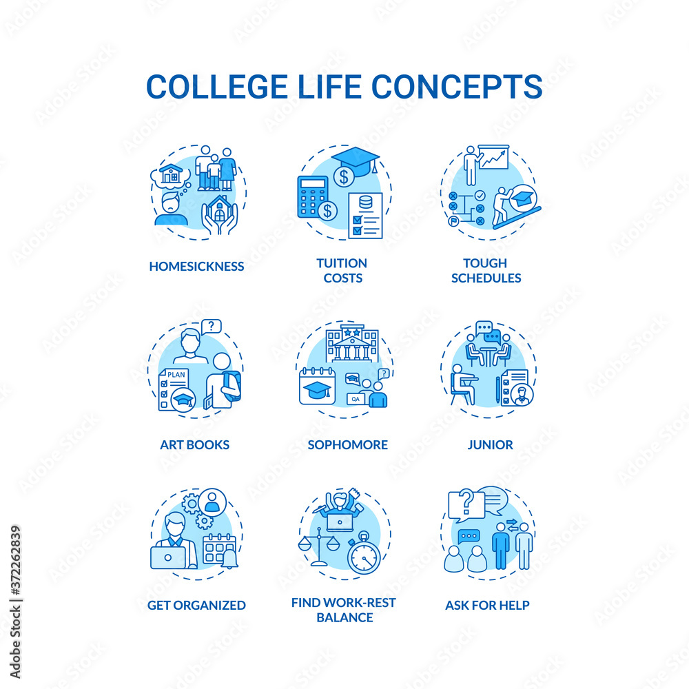 College life turquoise concept icons set. Tough schedule. Sophomore ...