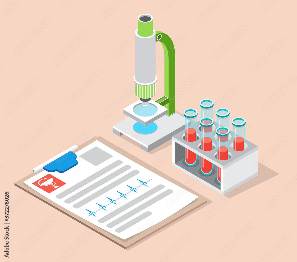 Laboratory equipment. Microscope and flasks with test tubes in a ...