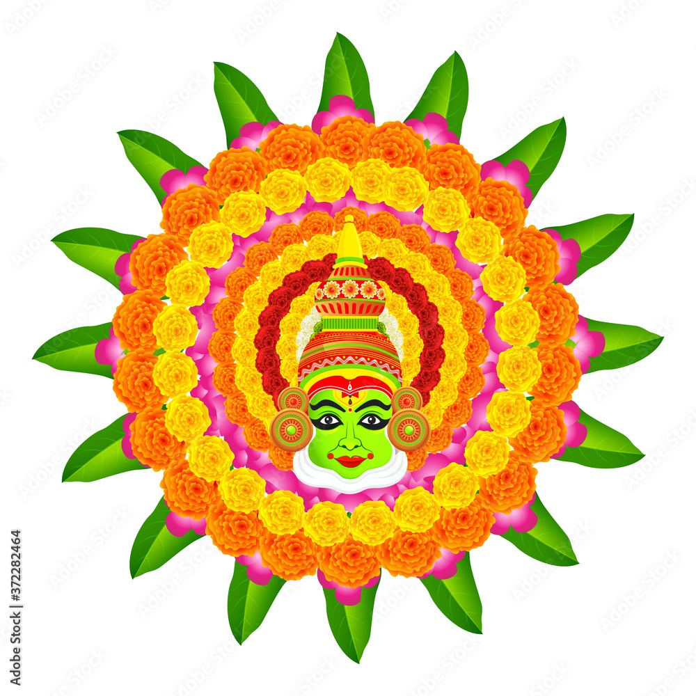 Illustration of kathakali face with Flower rangoli of marigold flowers ...