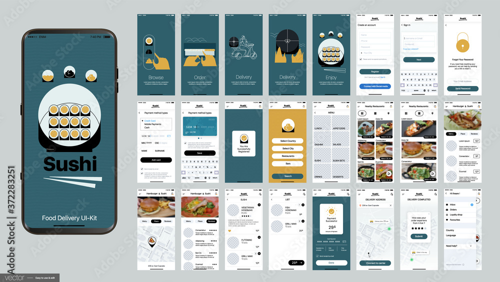 Sushi Delivery. Design of the Mobile Application, UI, UX. Set of GUI ...