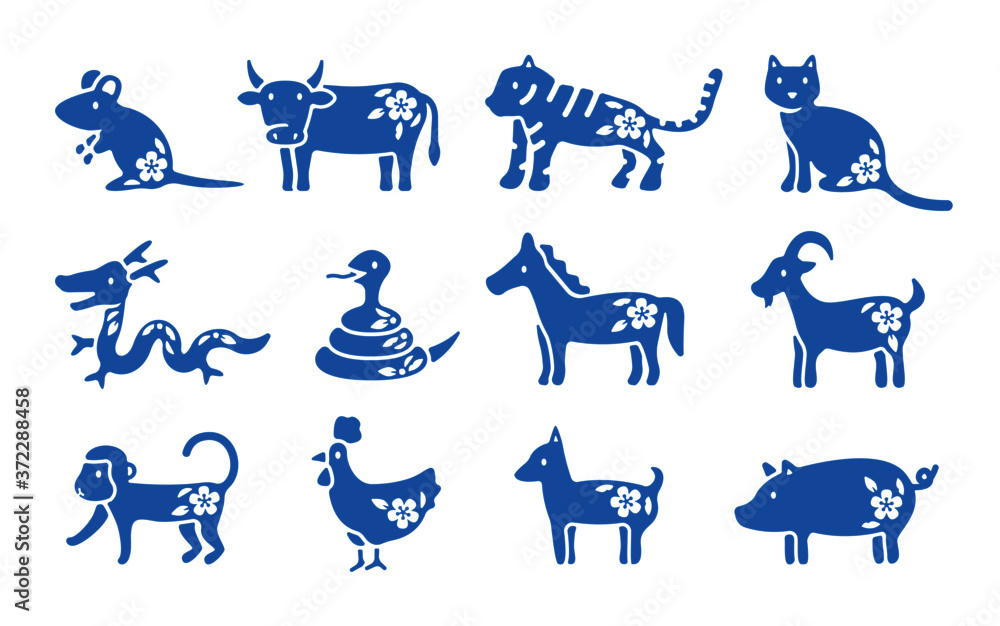 Vietnamese Zodiac Flat Vector Set Stock Vector | Adobe Stock