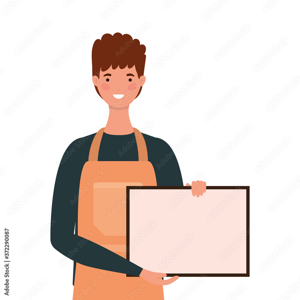 salesman cartoon with apron and banner design of Shopping commerce and ...