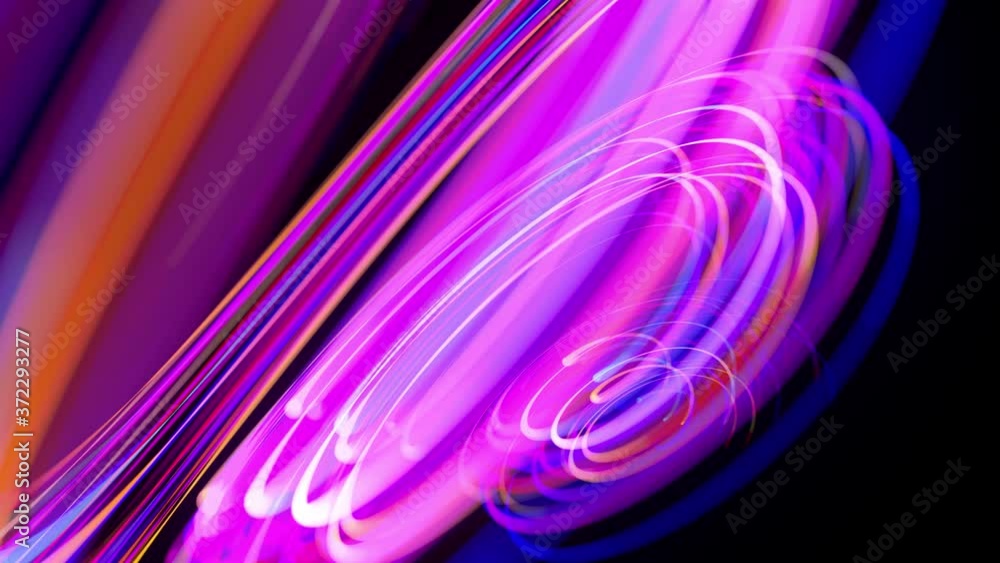 Motion graphics, sci-fi bg. Stream of multicolor neon lines form spiral ...