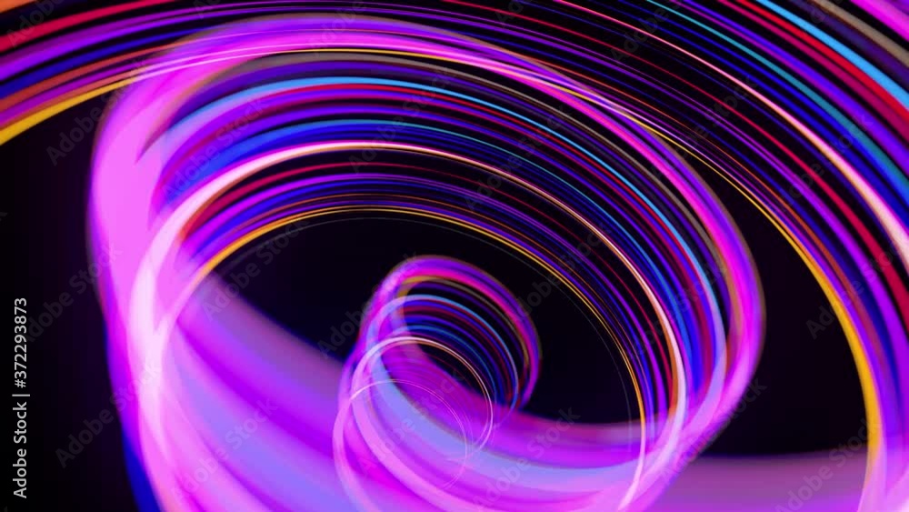 Motion graphics, sci-fi bg. Stream of multicolor neon lines form spiral ...