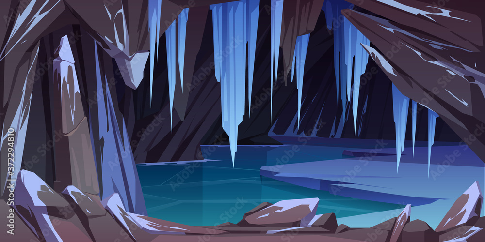 Ice cave in mountain, grotto with frozen lake and hanging icicles ...