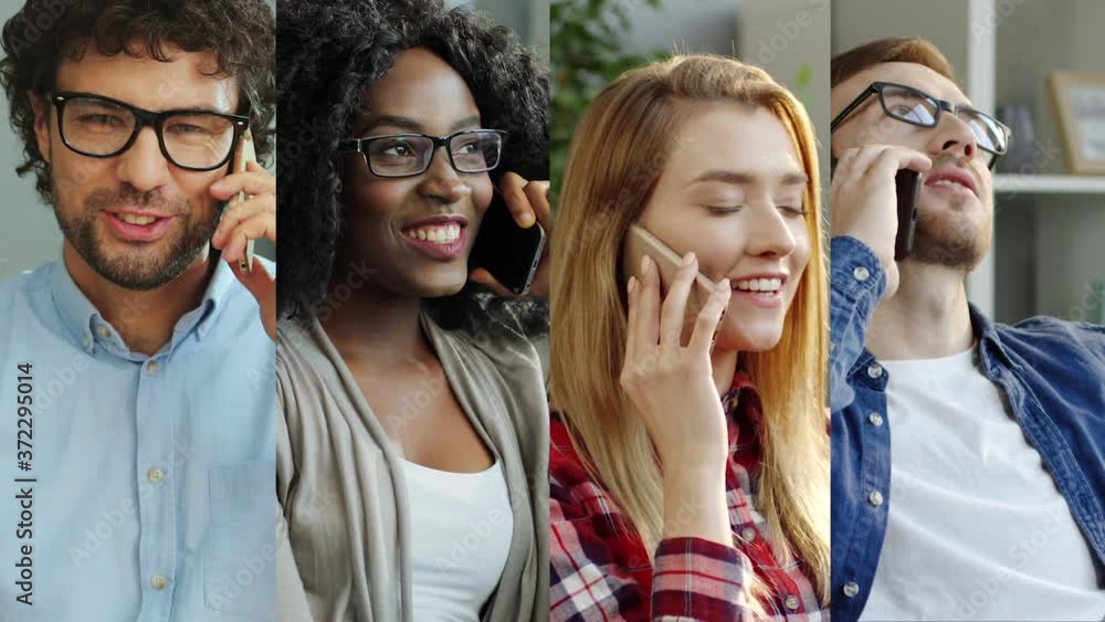 Multiscreen on diverse mixed-races people talking on cellphones ...