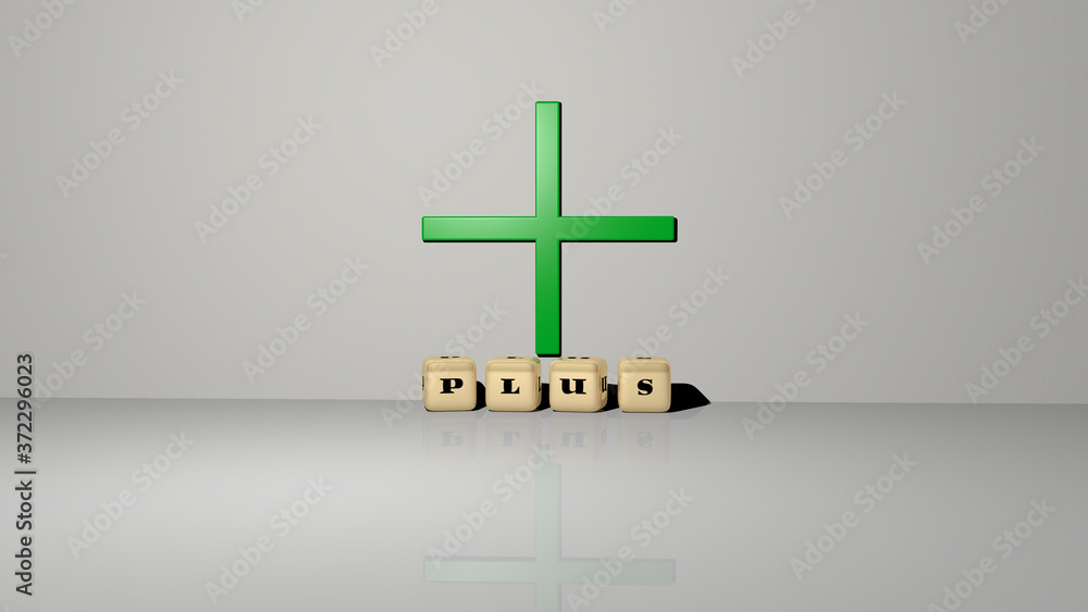 ภาพประกอบสต็อก PLUS text of cubic dice letters on the floor and 3D icon ...