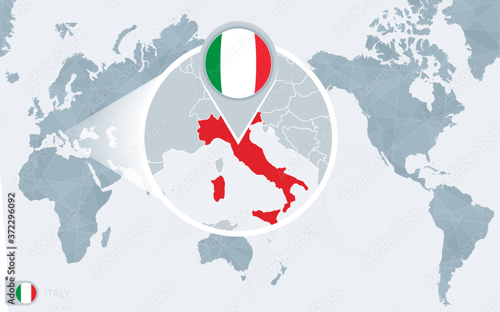 Pacific Centered World map with magnified Italy. Flag and map of Italy ...