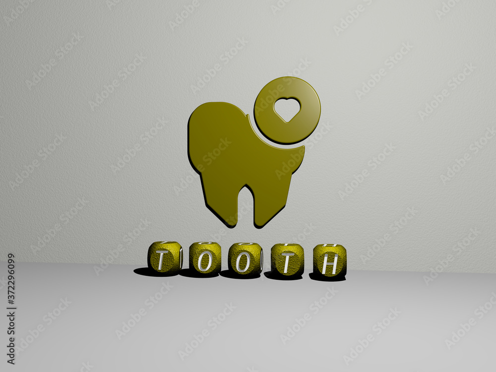 TOOTH 3D icon on the wall and text of cubic alphabets on the floor, 3D ...