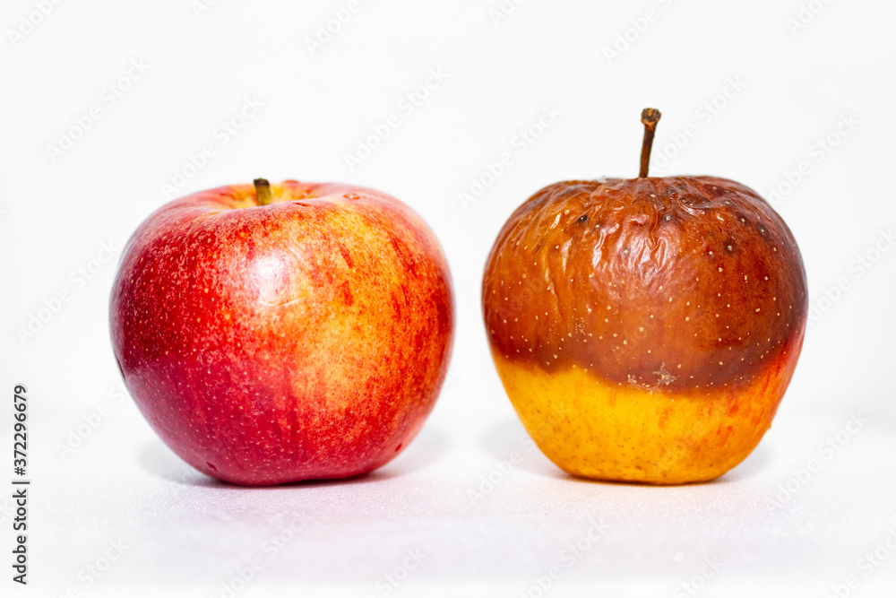 Foto de Maçã fresca e maçã podre ao lado. Conceito e processo de ...