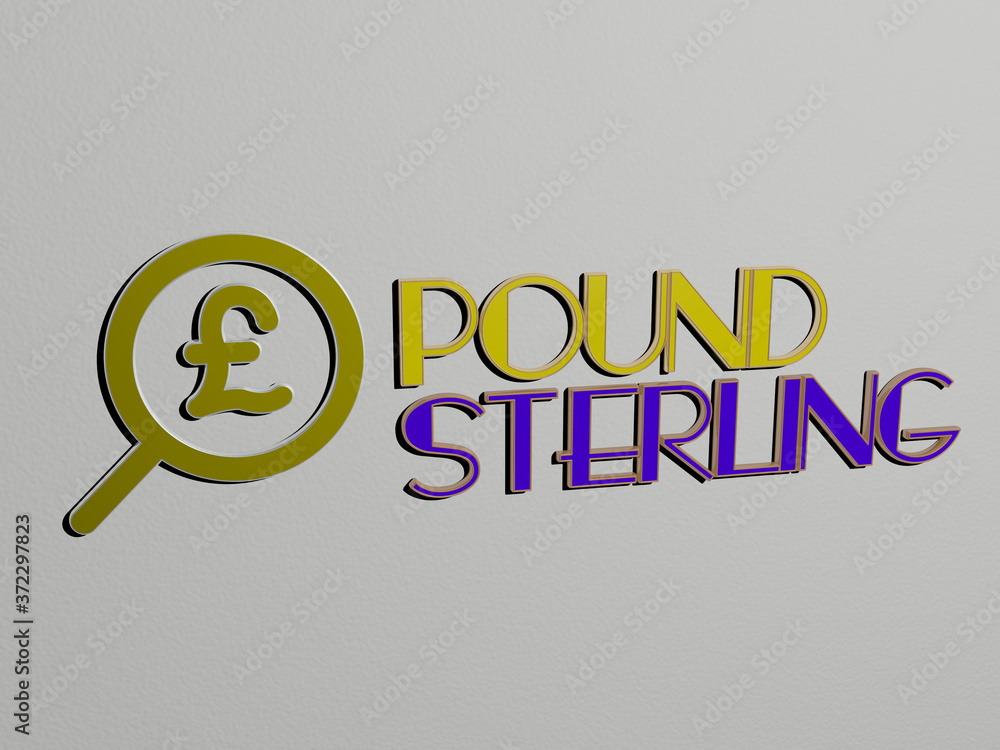3D representation of POUND STERLING with icon on the wall and text ...