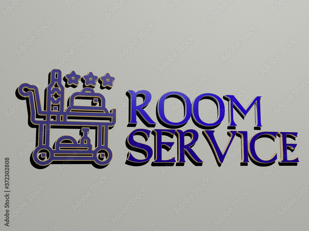 room service icon and text on the wall, 3D illustration for background ...