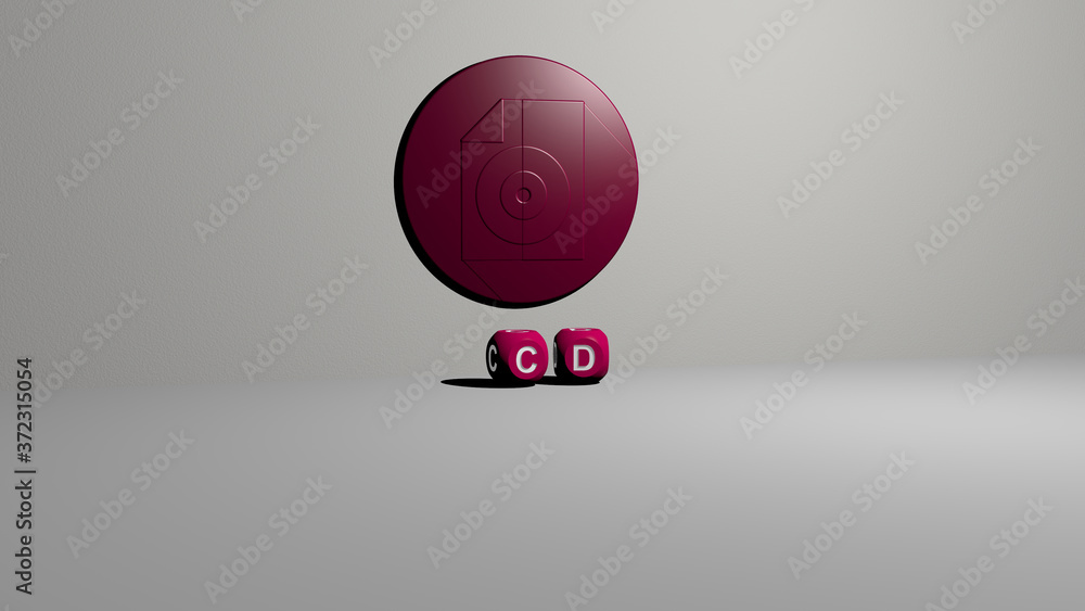 cd 3D icon on the wall and text of cubic alphabets on the floor, 3D ...
