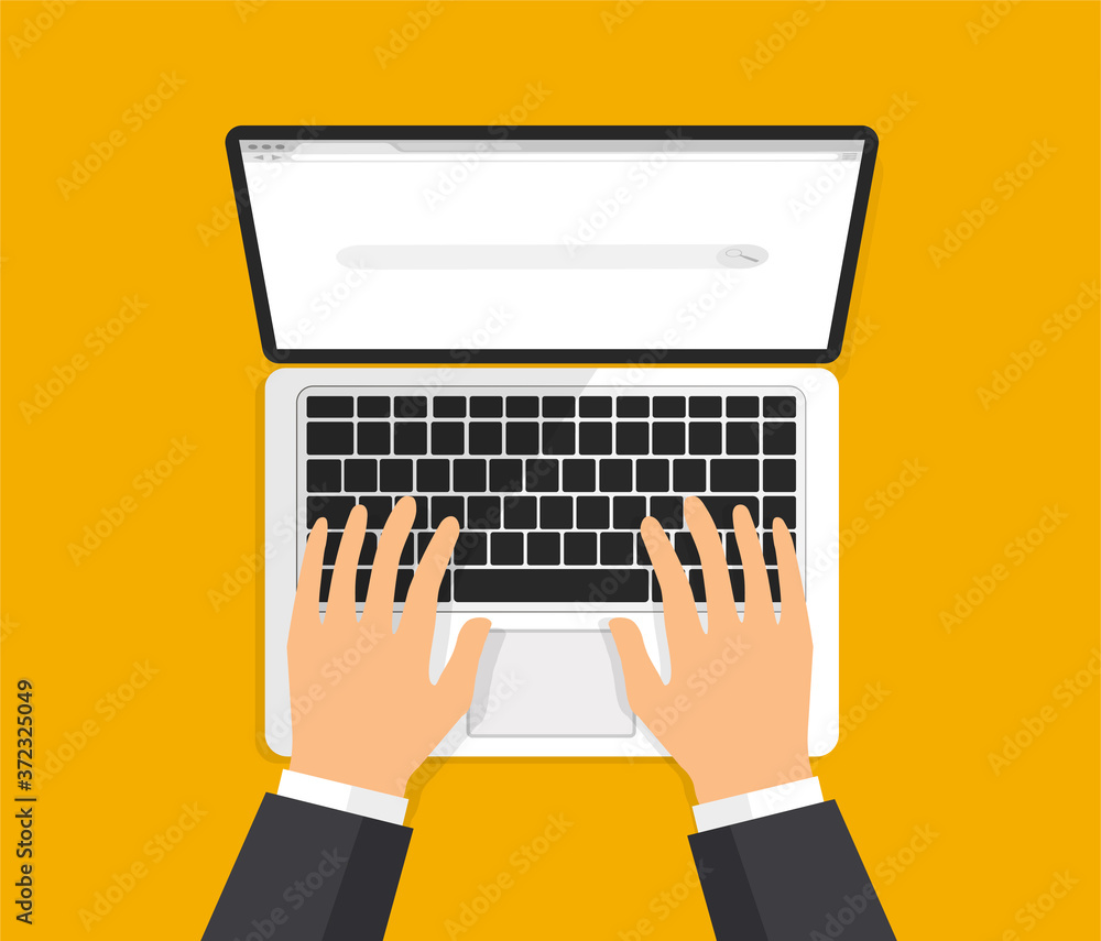 Open laptop and internet browser window on display. Hands are typing on ...