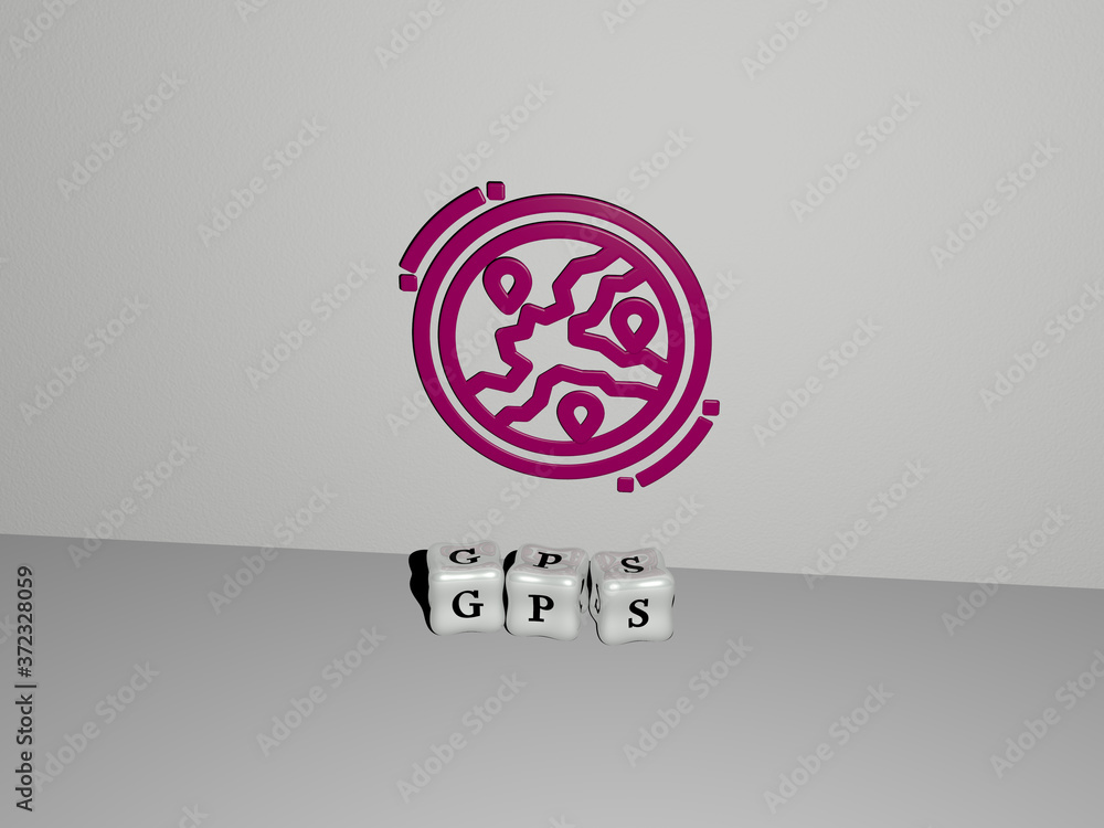 gps 3D icon on the wall and cubic letters on the floor, 3D illustration ...