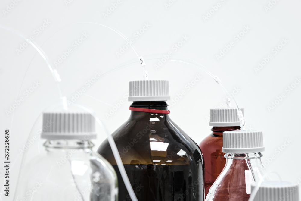 Bottles with mobile phase for high performance liquid chromatography ...