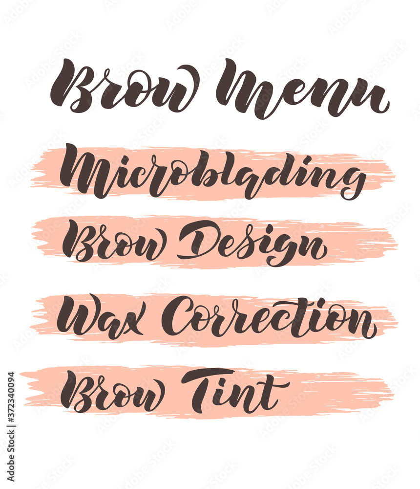 Handdrown lettering Brow menu with name of services on pink brush ...
