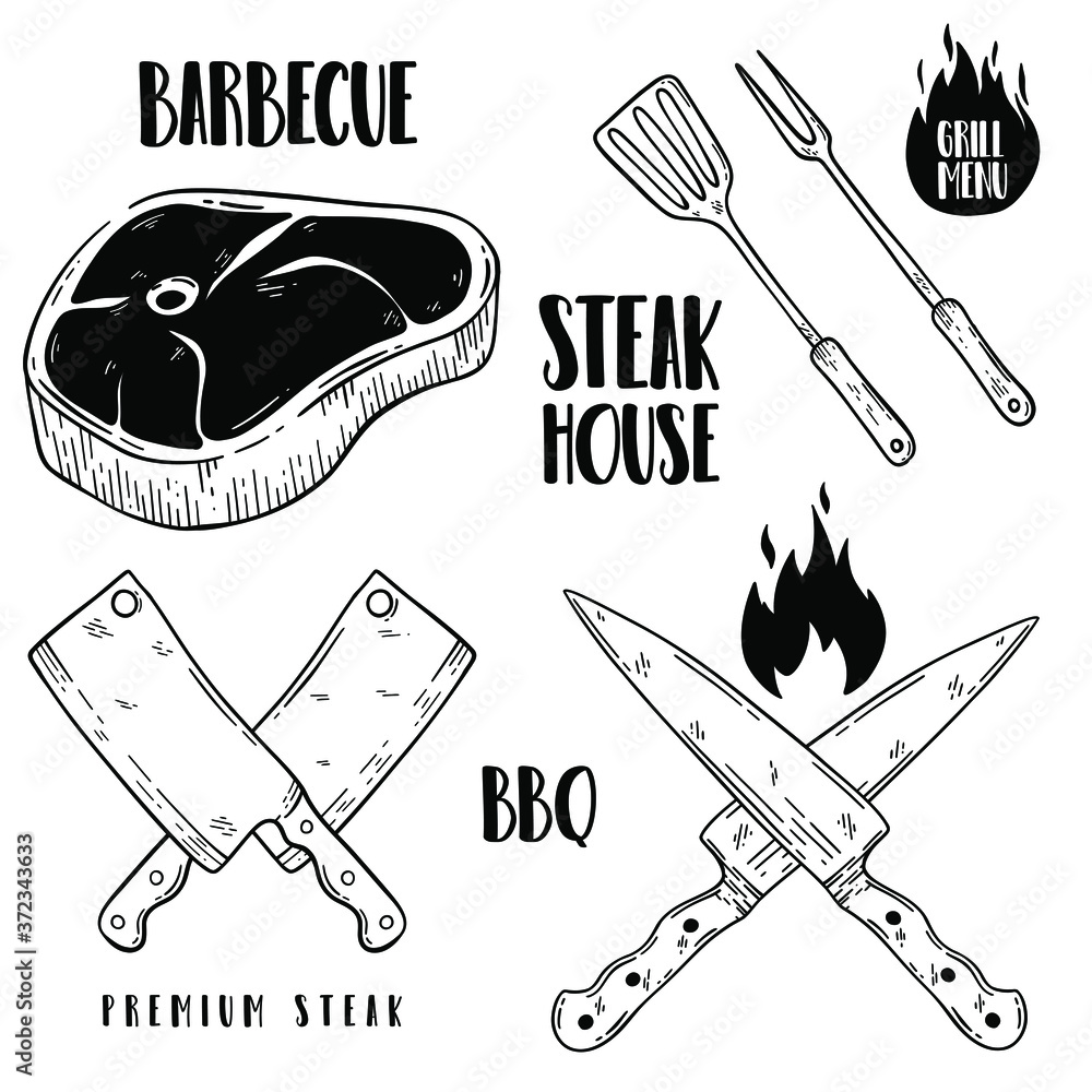 Steak house, hand drawn beef steak. Design elements for restaurant ...