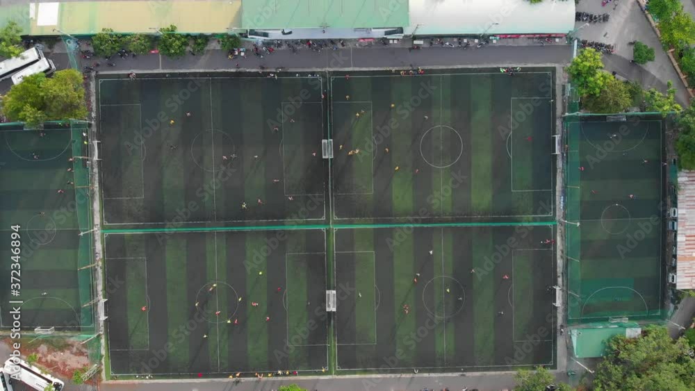 Start of training before a football match. Game process. Aerial shot of ...