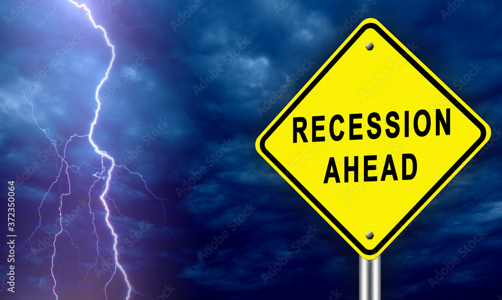 Recession ahead. Concept of warning signs. Warning road sign with an ...