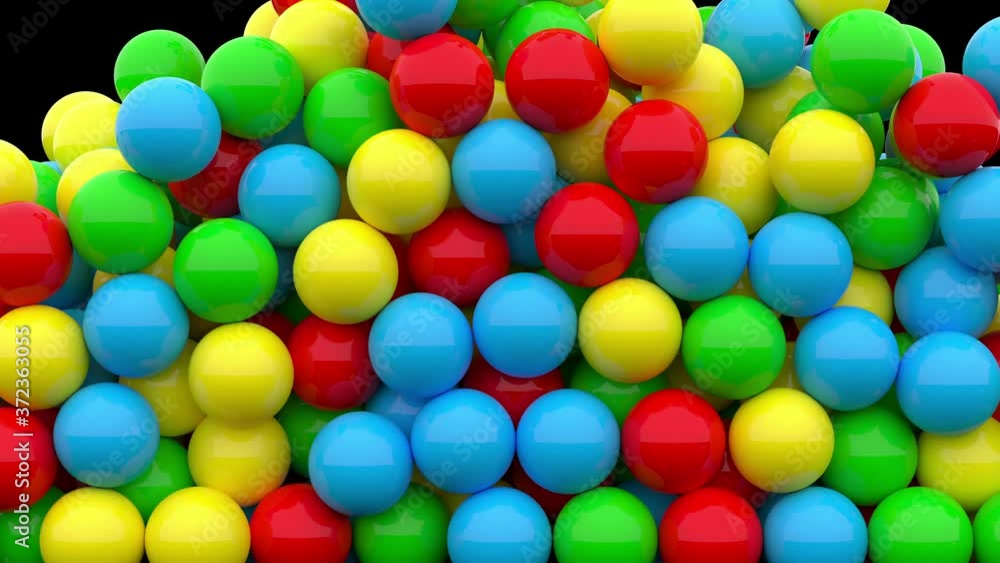 3D Colorful plastic balls pouring a pool / screen on a black background ...