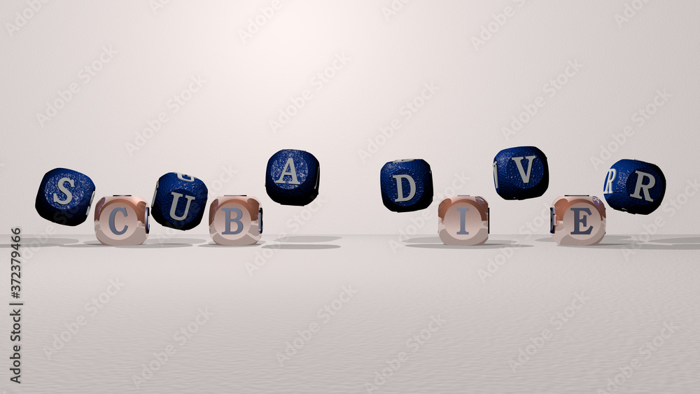SCUBA DIVER dancing cubic letters, 3D illustration for diving and sea ...