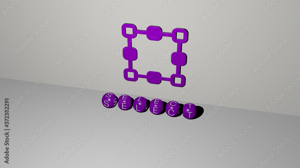 select 3D icon on the wall and text of cubic alphabets on the floor, 3D ...