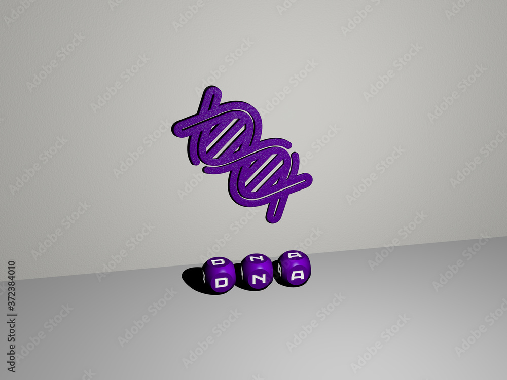 3D illustration of dna graphics and text made by metallic dice letters ...