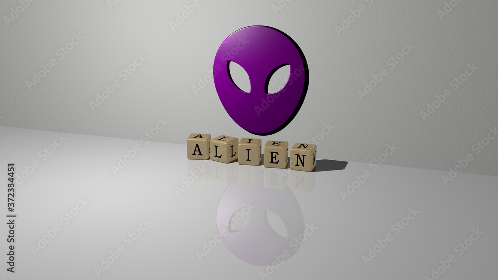ALIEN text of cubic dice letters on the floor and 3D icon on the wall ...