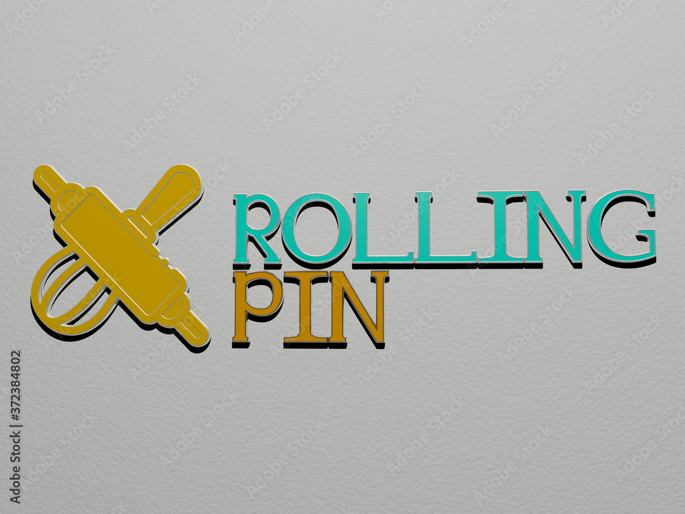 3D illustration of rolling pin graphics and text made by metallic dice ...