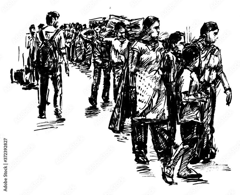 Drawing of the local people are walking at market in India hand draw ...