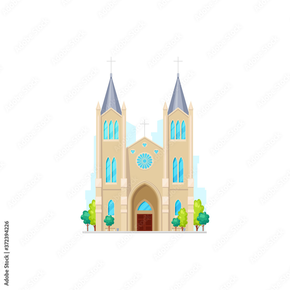 Gothic church with tower and windows isolated religion building. Vector ...