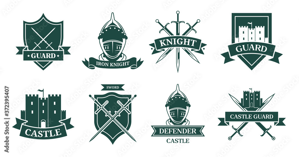Ancient knight or fighter monochrome flat sign set. Medieval emblem and ...