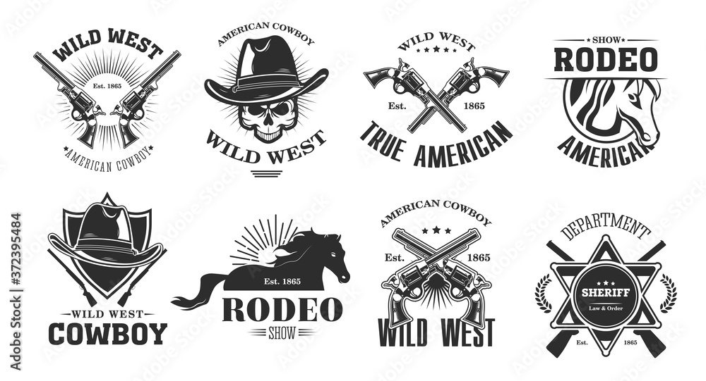 Wild west emblems set. Monochrome elements with skull in cowboy hat ...