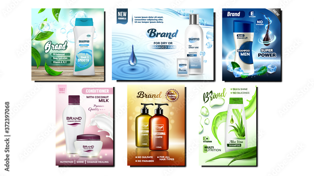 Shampoo And Conditioner Promo Posters Set Vector. Anti-dandruff And ...