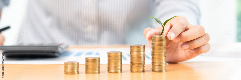 Saving money and investment concept, Business accountant woman stacking ...