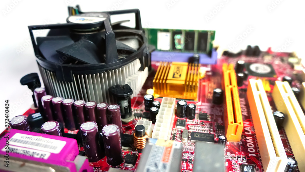 Computer motherboard and processor With ventilation fan on white ...