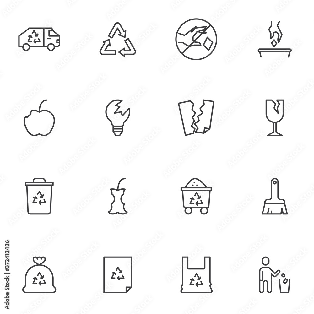 Waste material line icons set, rubbish outline vector symbol collection ...