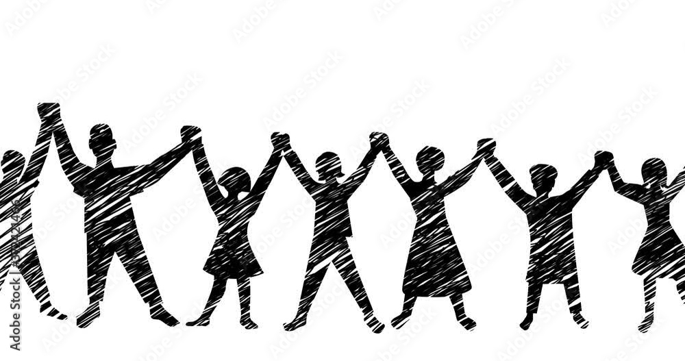 People together demonstrate solidarity, holding hands in scribble ...