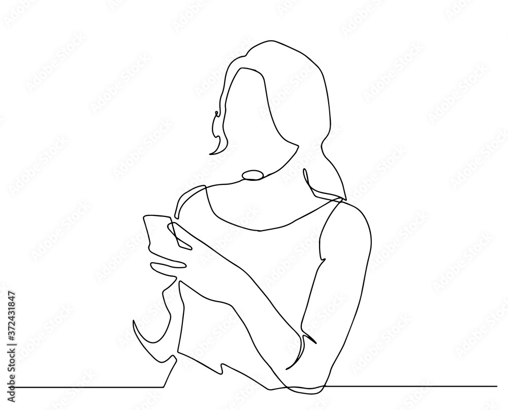 Continuous one line drawing of girl playing and using mobile phone or ...