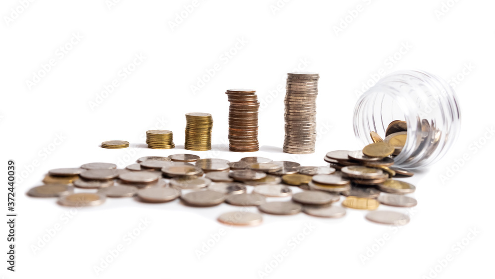 A collection of Thai baht coins on a white background and clipping path ...