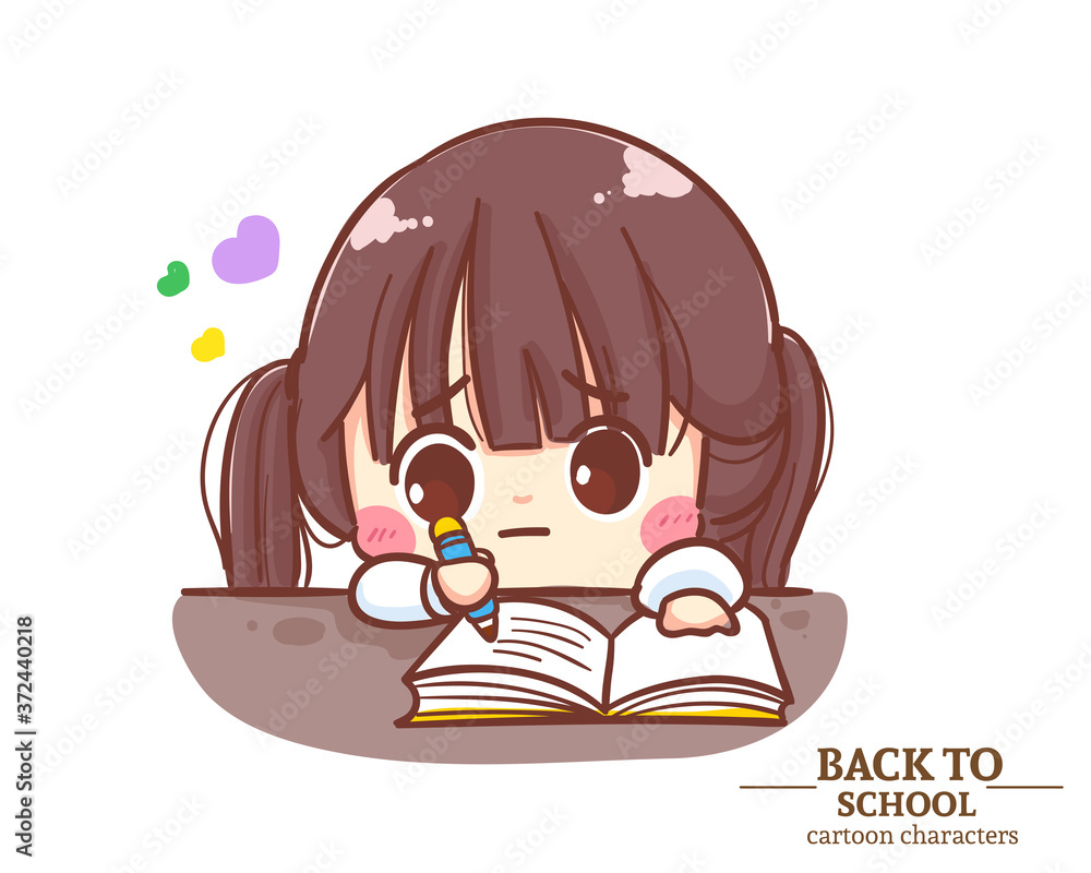 Cute Girl children student uniforms do homework back to school. Cartoon ...