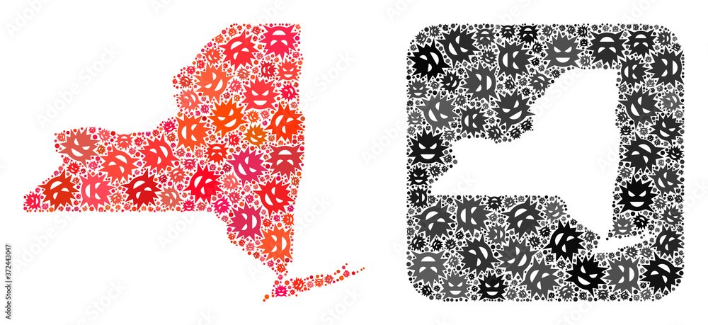 Pandemic virus map of New York State mosaic formed with rounded square ...